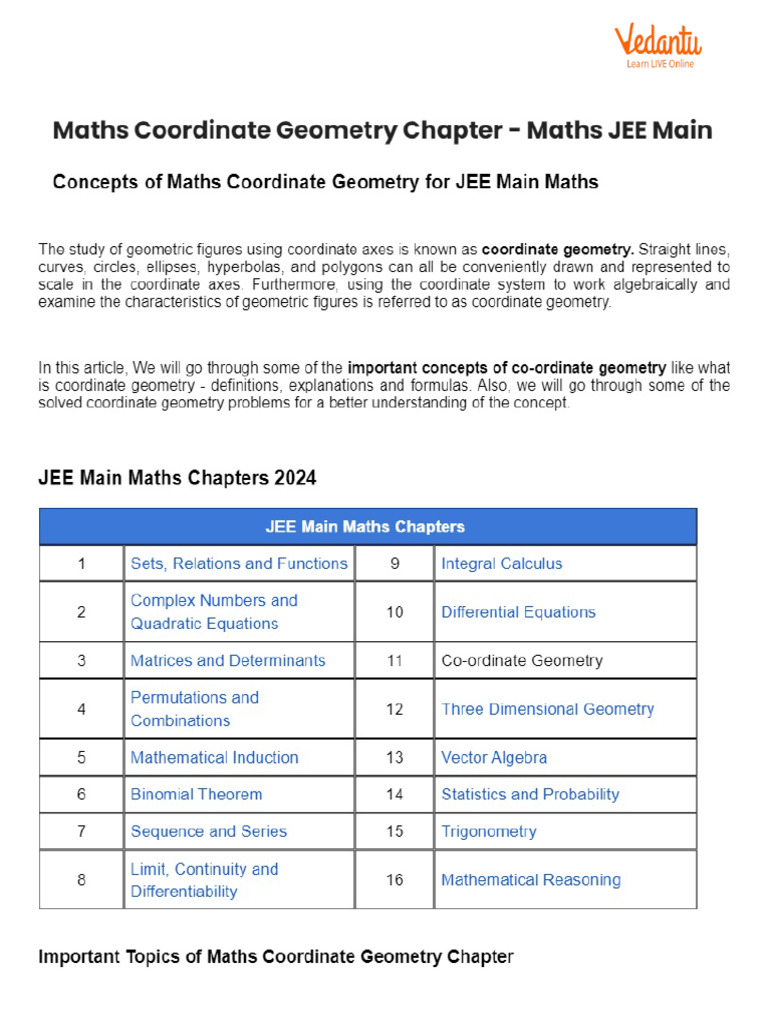 Maths Coordinate Geometry Chapter - Maths JEE Main | PDF
