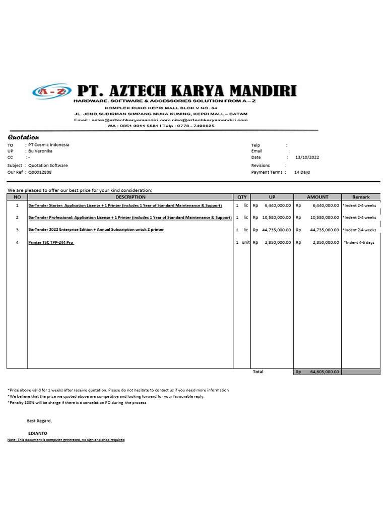 Bartender TSC Invoice | PDF