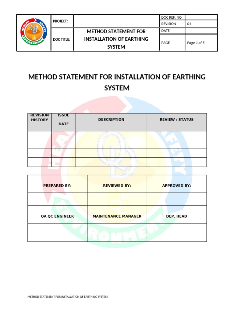 METHOD STATEMENT FOR INSTALLATION OF EARTHING SYSTEM | PDF ...