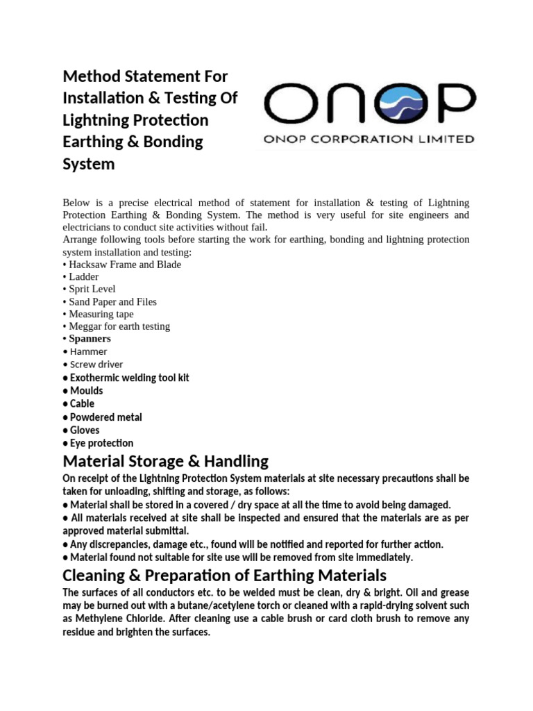 Method of Statement For Iighting Protection & Earthing | PDF ...