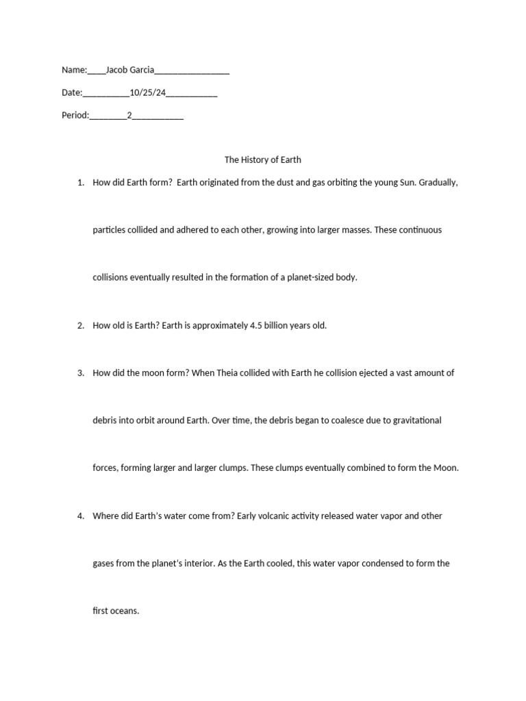 The History of Earth Worksheet | PDF | Earth | Dinosaurs