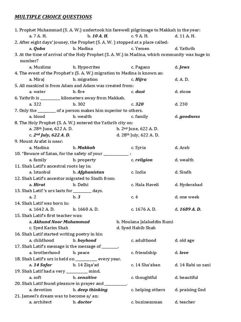 Multiple Choice Questions on History and Culture | PDF | Muhammad Ali ...