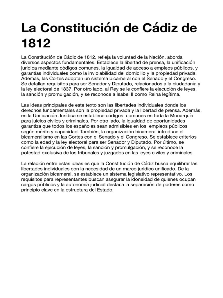 Constitución de Cádiz 1812: Libertades y Sistema Bicameral | PDF