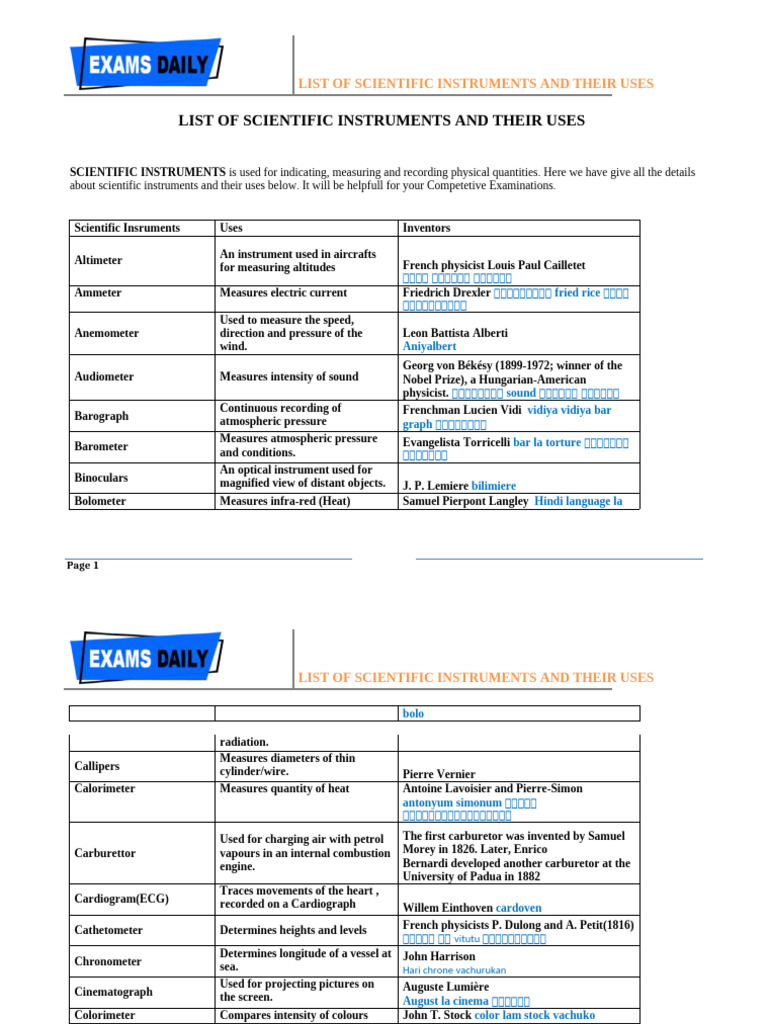 LIST-OF-SCIENTIFIC-INSTRUMENTS-AND-THEIR-USE | PDF | Metrology