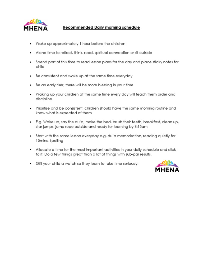 Recommended Daily Schedule Tips HomeEd Management | PDF | Cognition ...