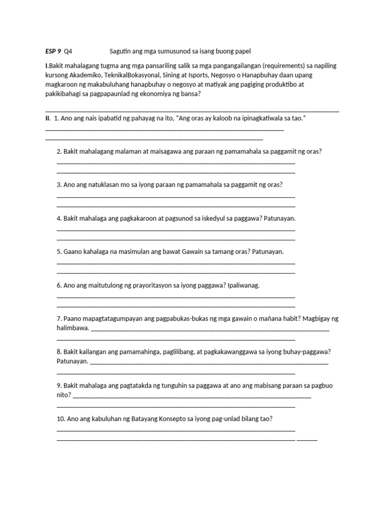 ESP 9 Q4 Sagutin ang mga sumusunod sa isang buong papel | PDF