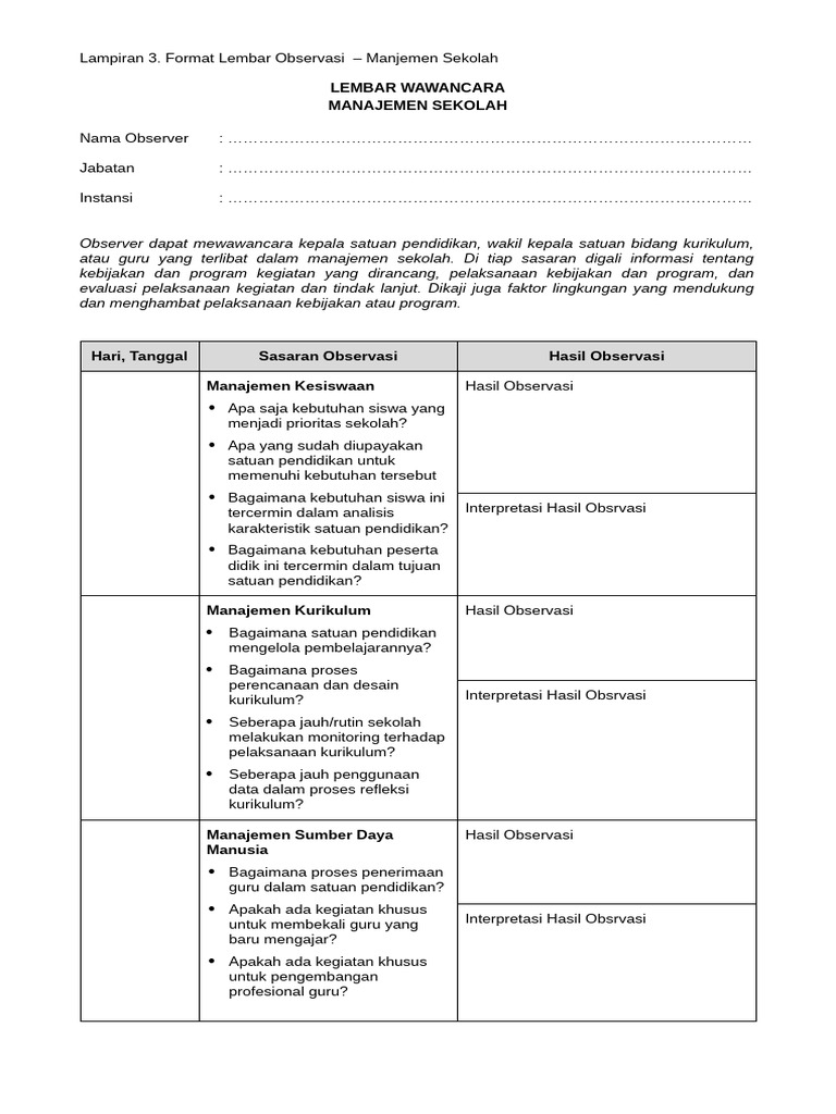 Format Lembar Observasi - (2) Manajemen Sekolah | PDF