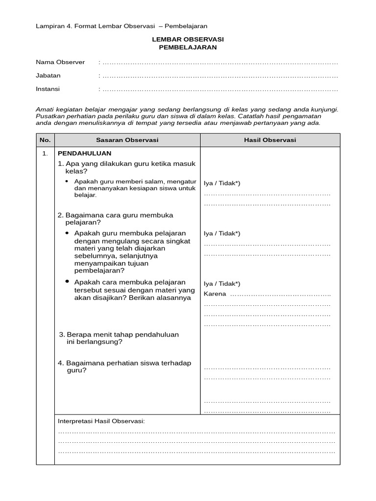 Format Lembar Observasi - (3) Pembelajaran | PDF