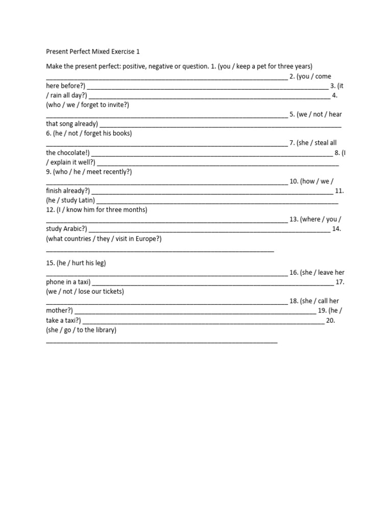 Present Perfect Mixed Exercise 1 | PDF