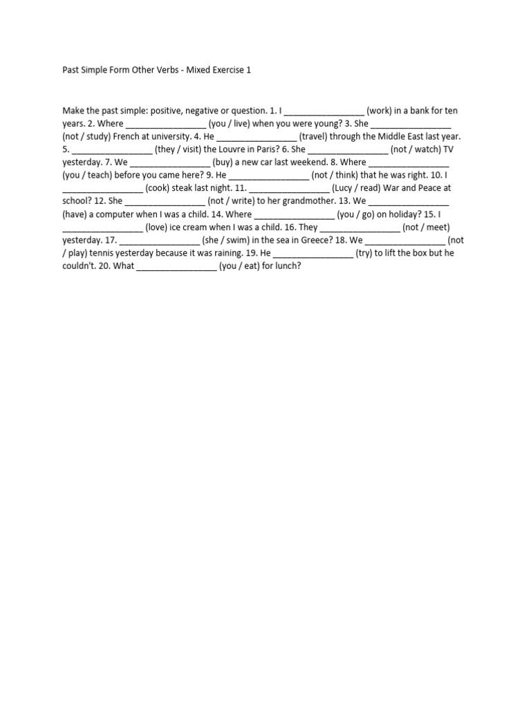 Past Simple Form Other Verbs - Mixed Exercise 1 | PDF