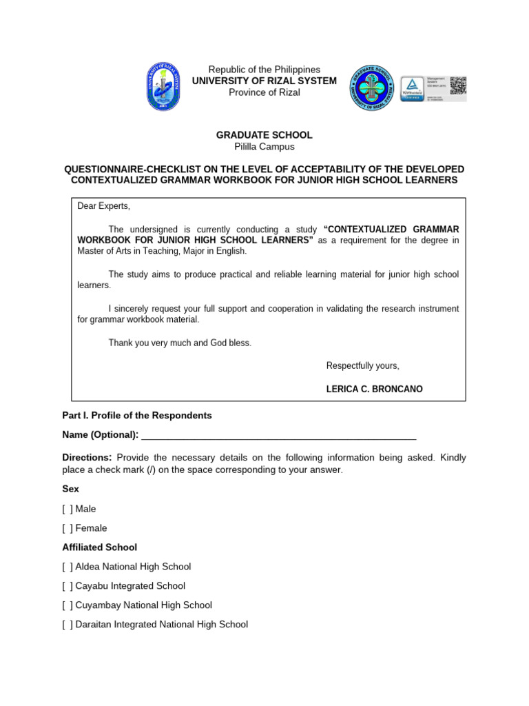 BRONCANO - RESEARCH INSTRUMENT - QUESTIONNAIRE CHECKLIST - WITH SOP ...