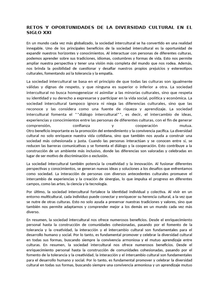 Importancia de La Sociedad Intercultural | PDF | Sociedad | Interculturalidad