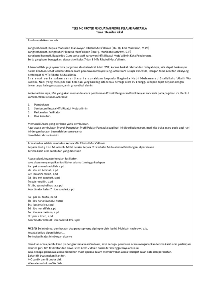 teks MC pembukaan p5 | PDF