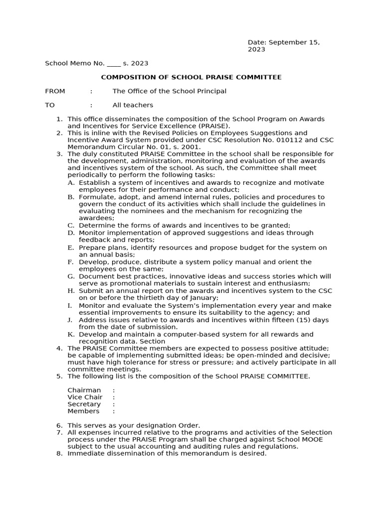 Memo On PRAISE Committee | PDF | Incentive | Policy