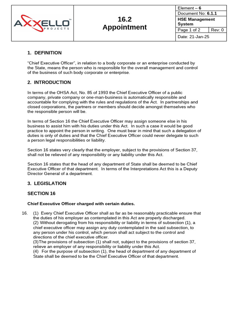 1.1 Ass to CEO Responsible for OHS S16(2) Dieter Stapelberg | PDF | Chief Executive Officer ...
