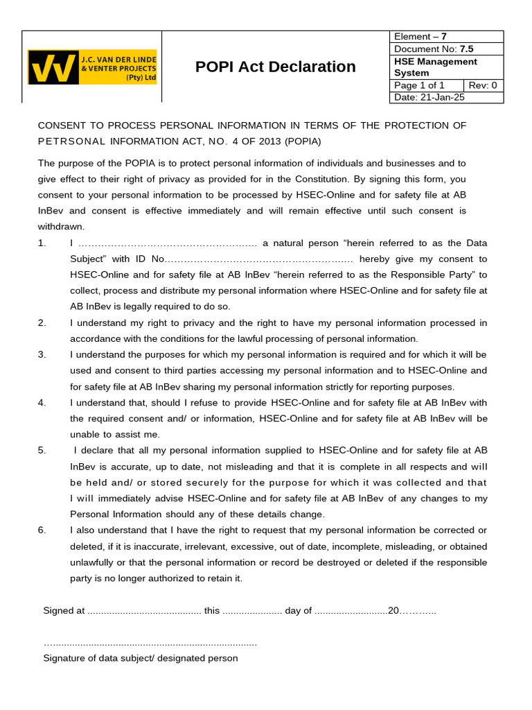 7.5 POPI Act Declaration | PDF | Justice | Crime & Violence