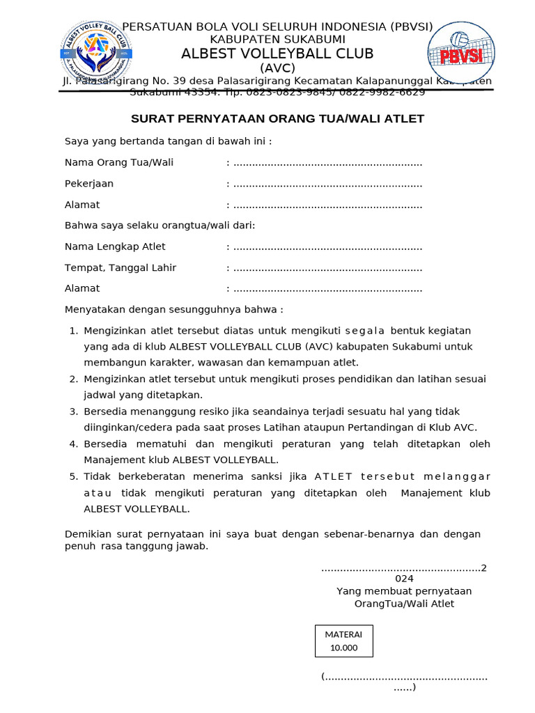 SURAT PERNYATAAN ORANG TUA ATLET AVC | PDF