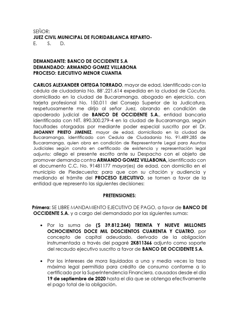 Demanda Armando Gomez Villabona | PDF | Demanda judicial | Documento de identidad