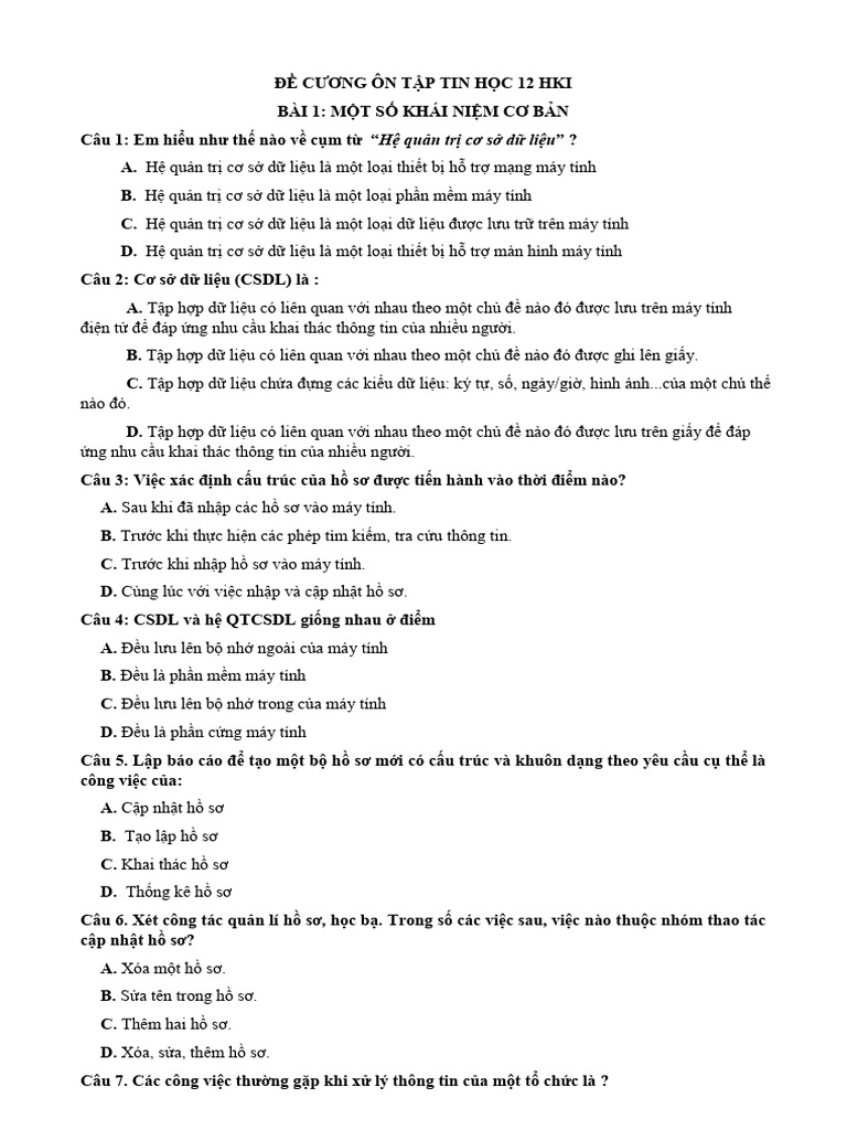 ĐỀ CƯƠNG ÔN TẬP TIN HỌC 12 HKI HS | PDF