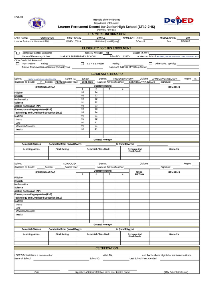 Dimple Lim Ontiveros SF 10 | PDF