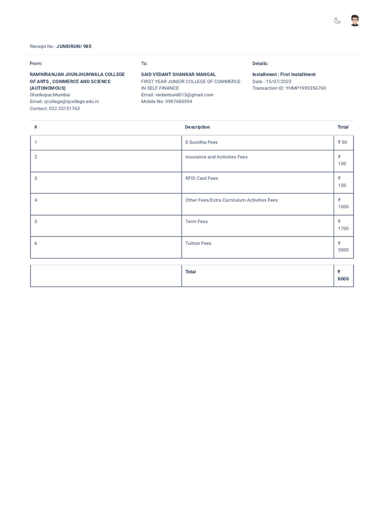 College Fee Receipt July 2023 | PDF