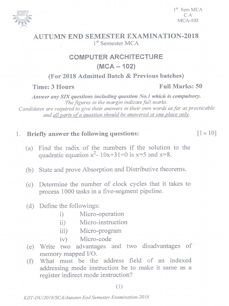 1st. Sem. MCA-Computer Architecture-MCA-102-Autumn End Semester Examination-2018 (For 2018 ...