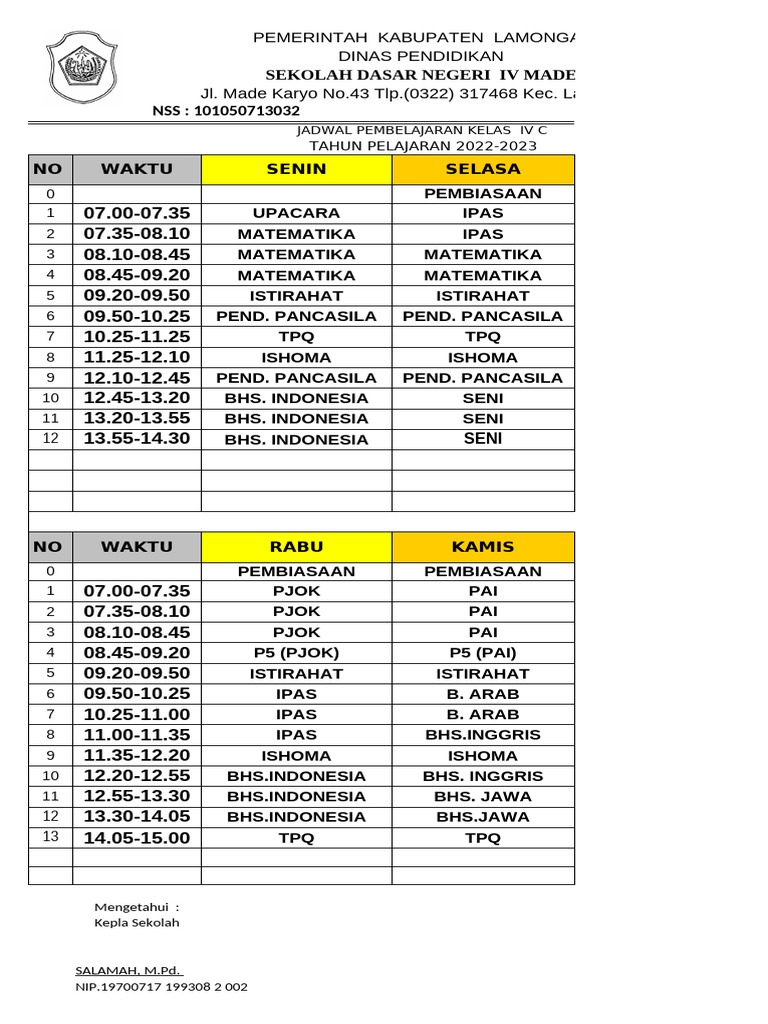 Jadwal Kelas 4C | PDF
