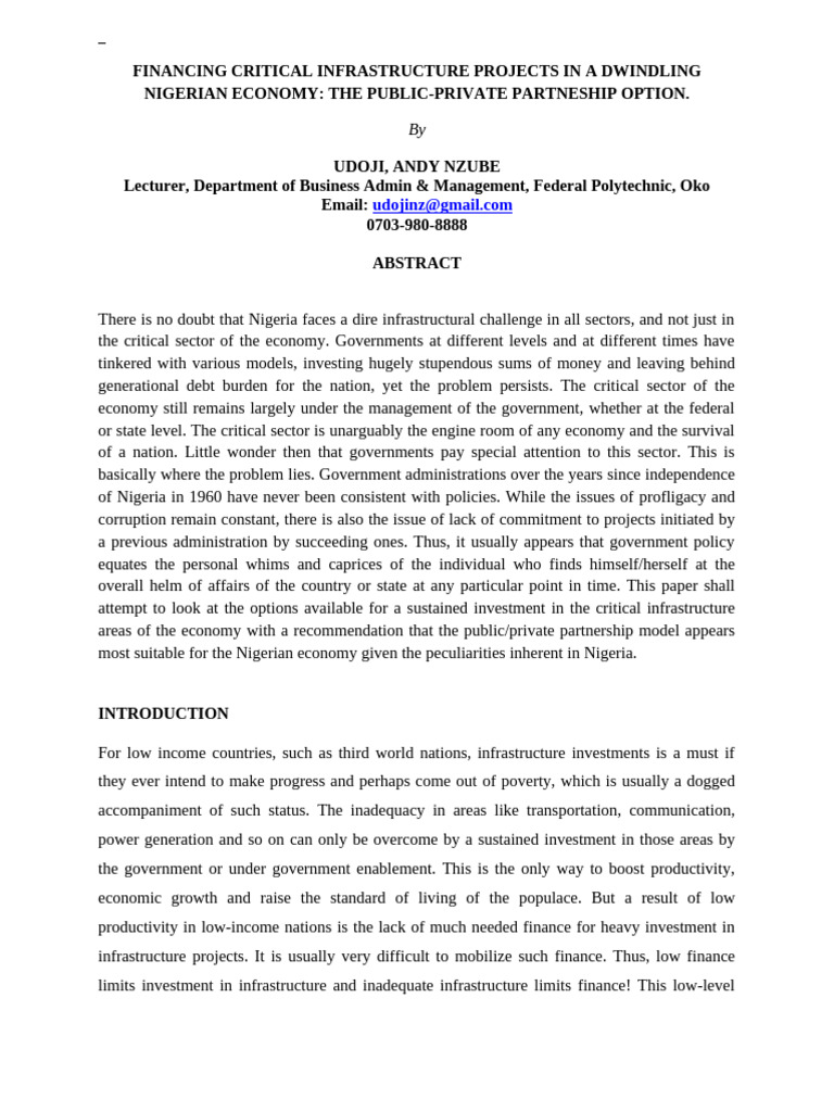 Nigerian Infrastructure & PPP Model | PDF | Public–Private Partnership ...