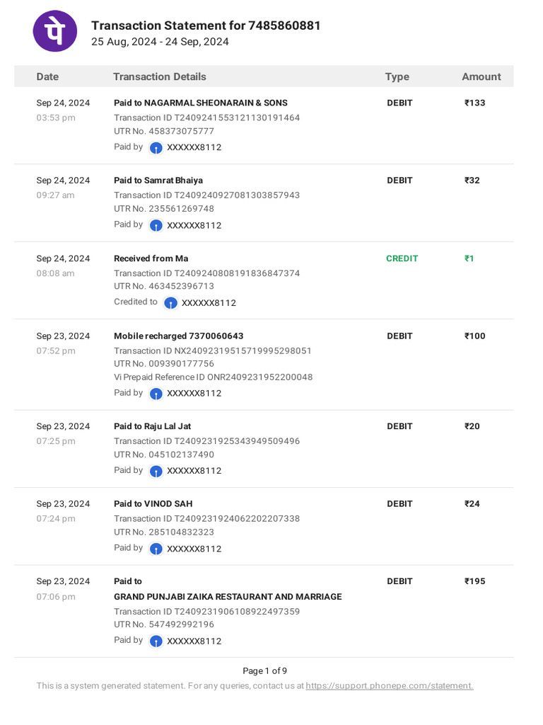 PhonePe Statement Aug2024 Sep2024 | PDF | Debit Card | Payments