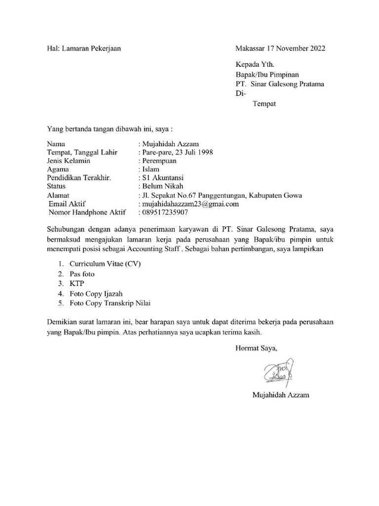 Surat Lamaran & Cv Mujahidah Azzam (Pt Sinar Galesong Pratama) | PDF