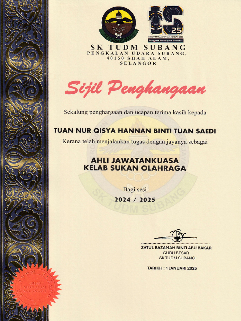 Sijil Ajk 6 Sukan Olahraga SK Tudm 2024-2025 | PDF