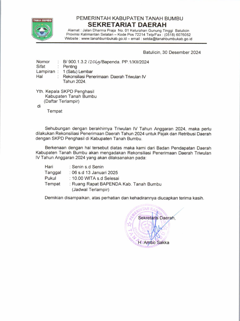 Surat Undangan Rekonsiliasi Penerimaan Daerah SKPD Penghasil Triwulan ...