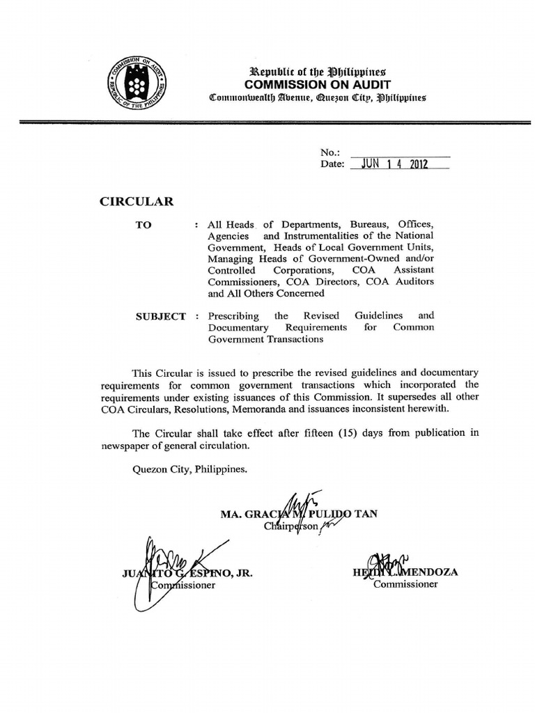 COA Circular 2012-001 (Documentary Requirements) | PDF | Salary | Credit Card
