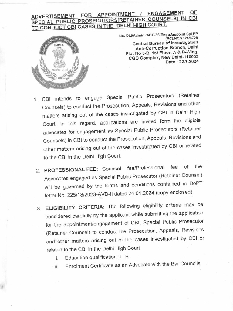 12.8 Advertisement of CBI ACB Delhi - Retainer Counsels SPL PP | PDF ...