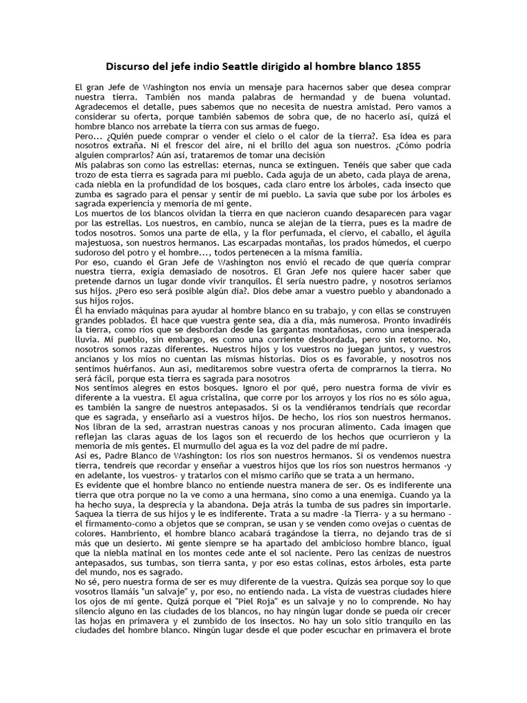 Discurso Del Jefe Indio Seattle Dirigido Al Hombre Blanco 1855 | PDF ...