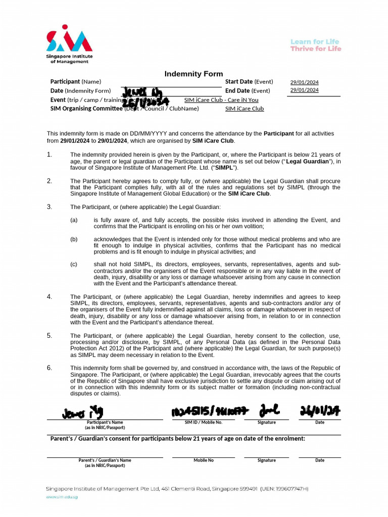 "Care in You" Indemnity Form | PDF | Indemnity | Government