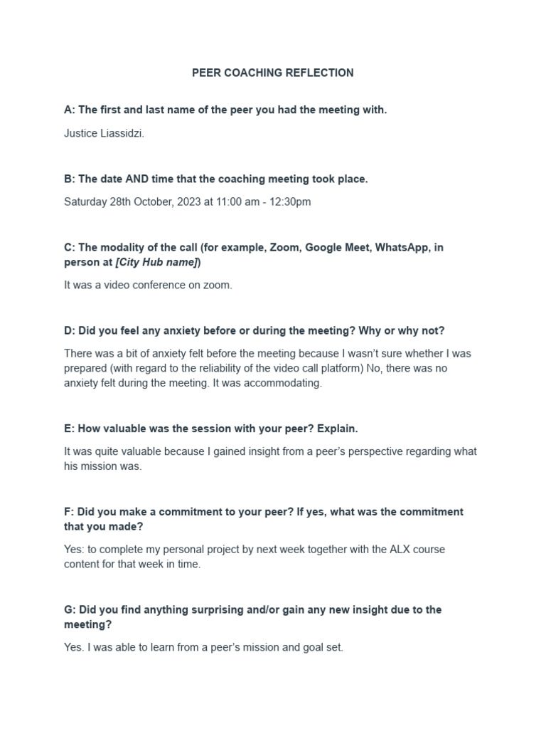 Peer Coaching Reflection Summary | PDF