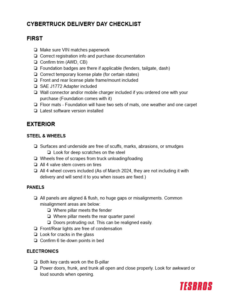 Cybertruck Delivery Day Checklist | PDF | Trunk (Car) | Motor Vehicle