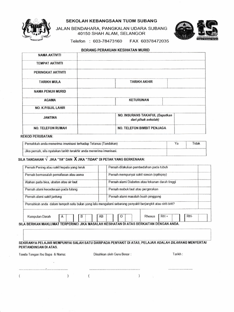 Borang Perakuan Kesihatan Murid SK Tudm | PDF