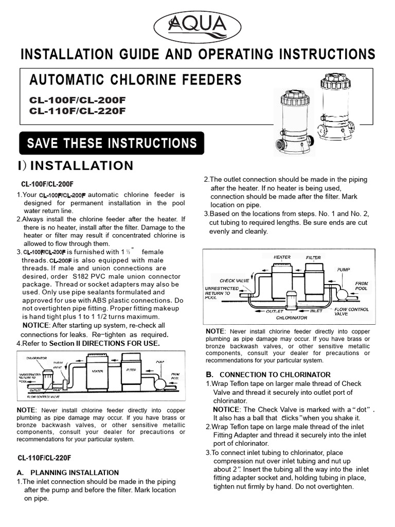 Automatic Chlorine Feeder Installation Guide | PDF | Pipe (Fluid ...