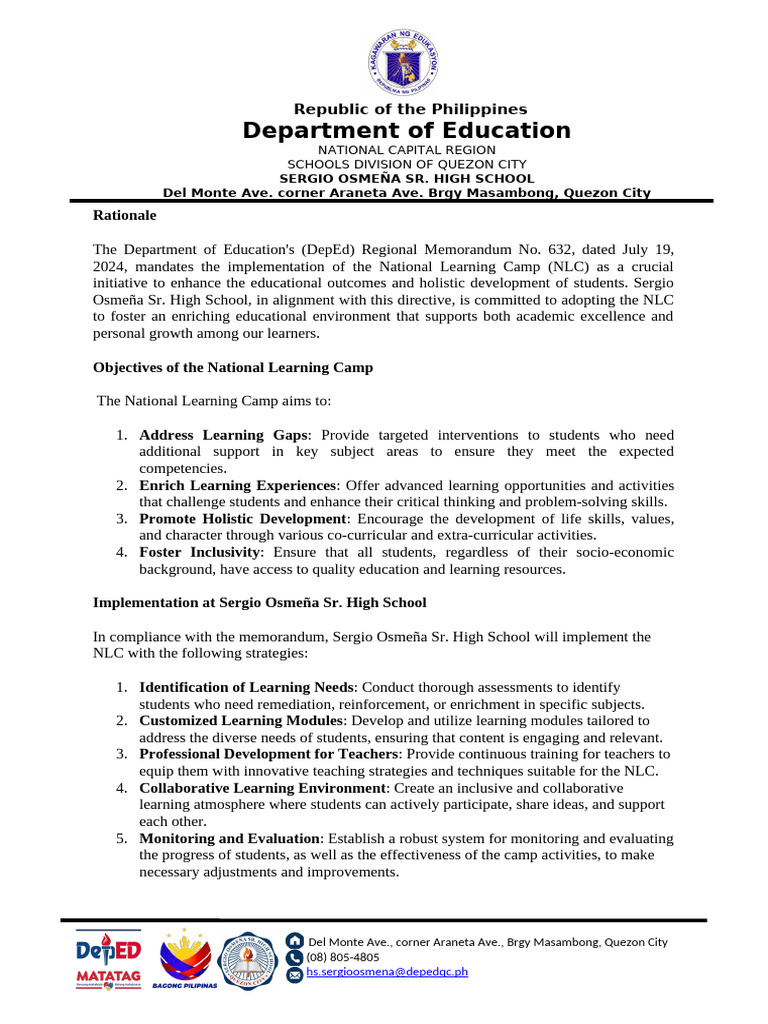 National Learning Camp at Sergio Osmeña High | PDF | Metro Manila ...