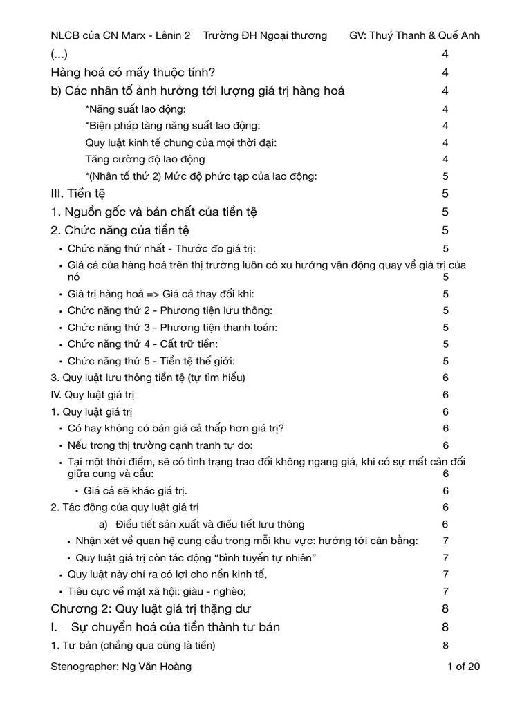 Những NLCB Của CN Mác Lê-Nin 2 - Cô Thuý Thanh & Cô Quế Anh | PDF