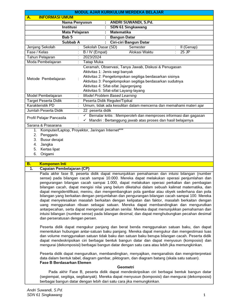 Modul Ajar MTK Kls IV Sms 2 Bab 5 Bangun Datar | PDF