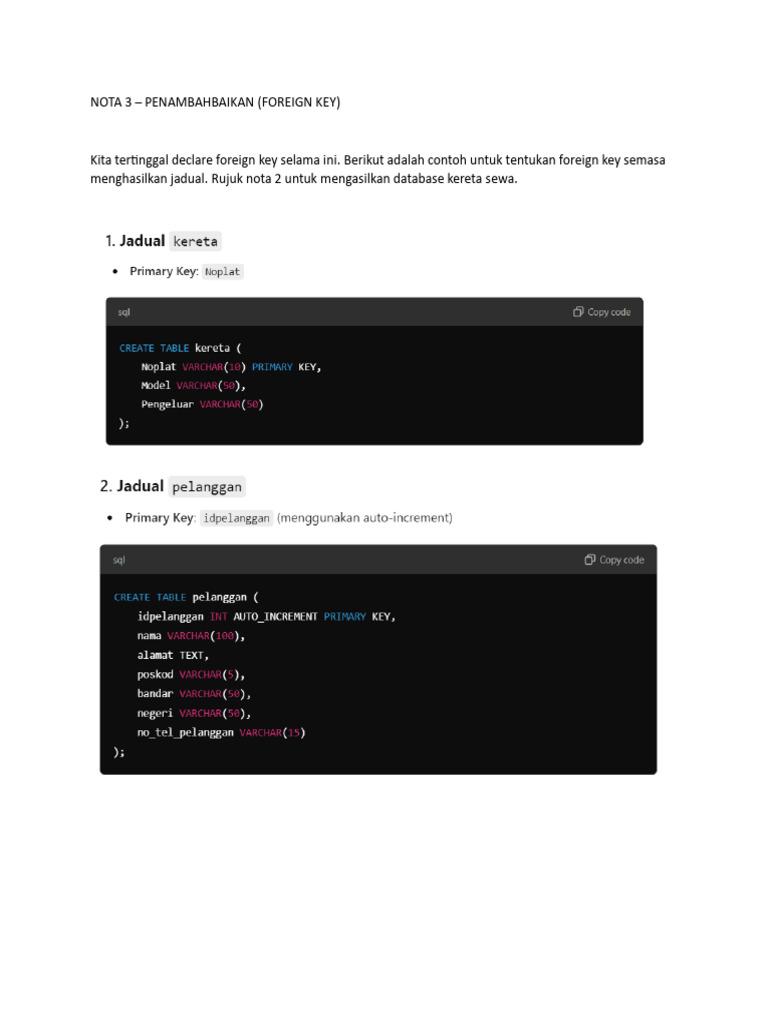 Nota 3 Penambahbaikan (Foreign Key) - DKB1243 Database Fundamentals | PDF