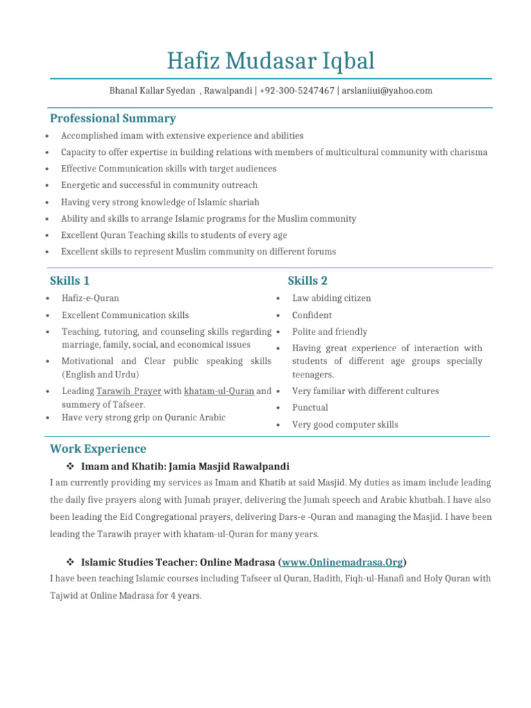 367945208-Hafiz-Muhammad-Arslan-Imam-CV | PDF | Mosque | Islamic Ethics