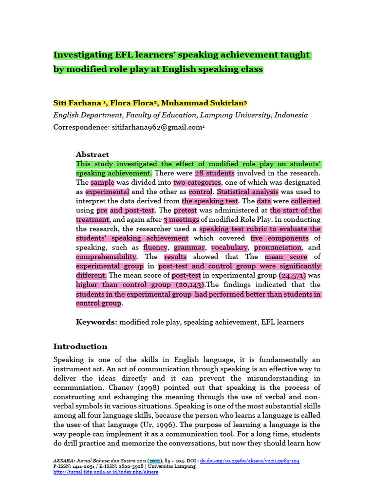 2021 Investigating EFL learners’ speaking achievement | PDF | English As A Second Or Foreign ...