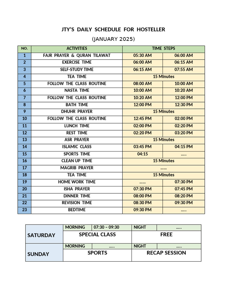 Jty Daily Schedule Template | PDF