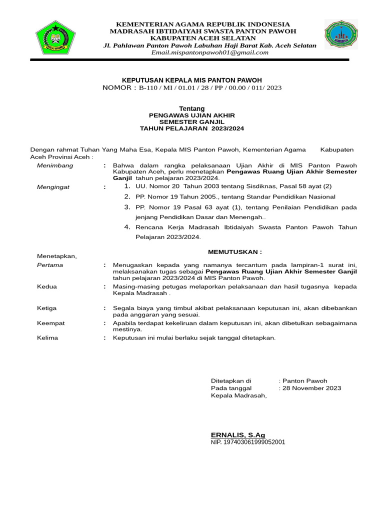 SK Pengawas Ujian Semester Ganjil 2024-2025 | PDF