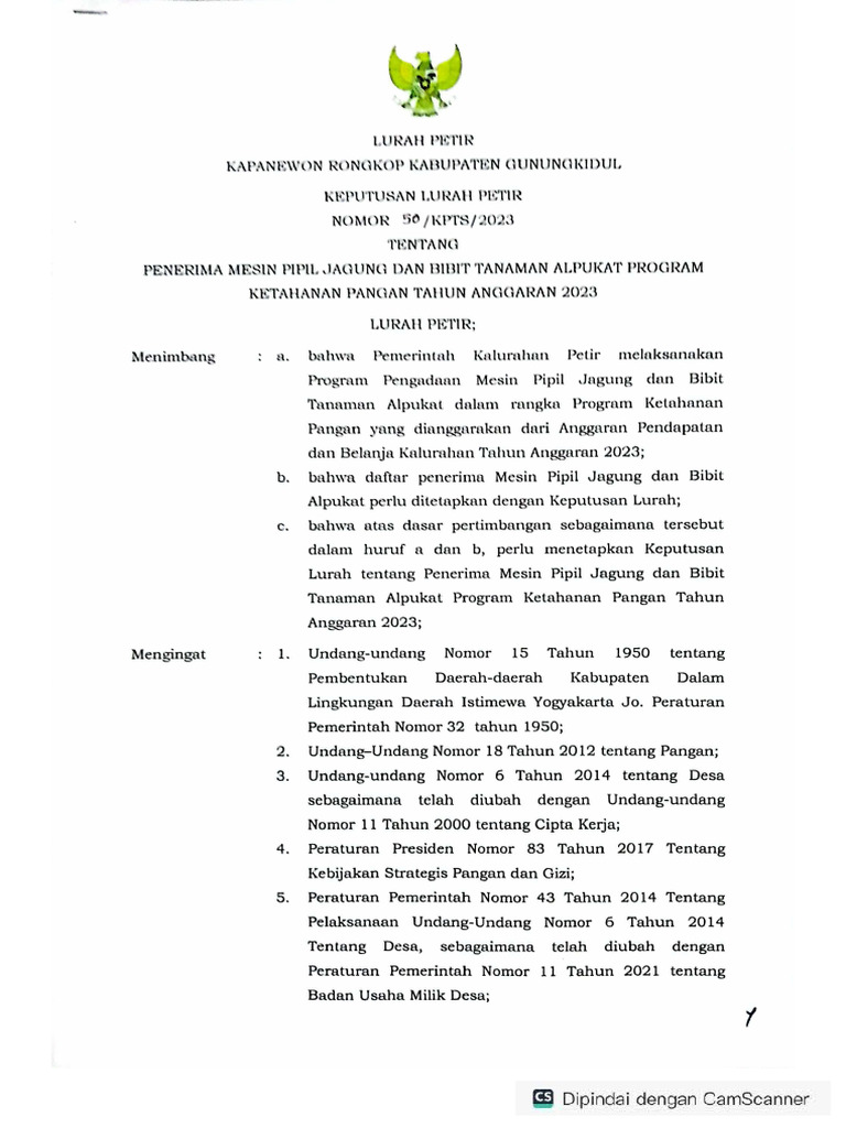 SK 50. SK Lurah Penerima Program Ketahanan Pangan Tahun 2023 | PDF