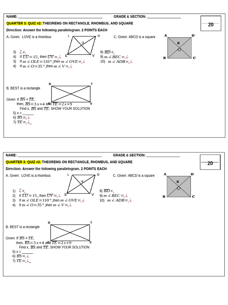 Quiz 2: Rectangles, Rhombuses, Squares | PDF